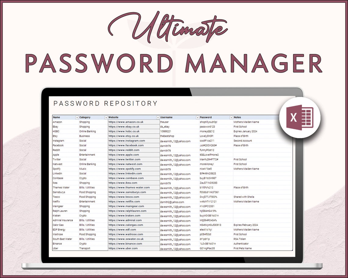 Password Tracker and Manager Excel Template | Password Generator | Safe ...