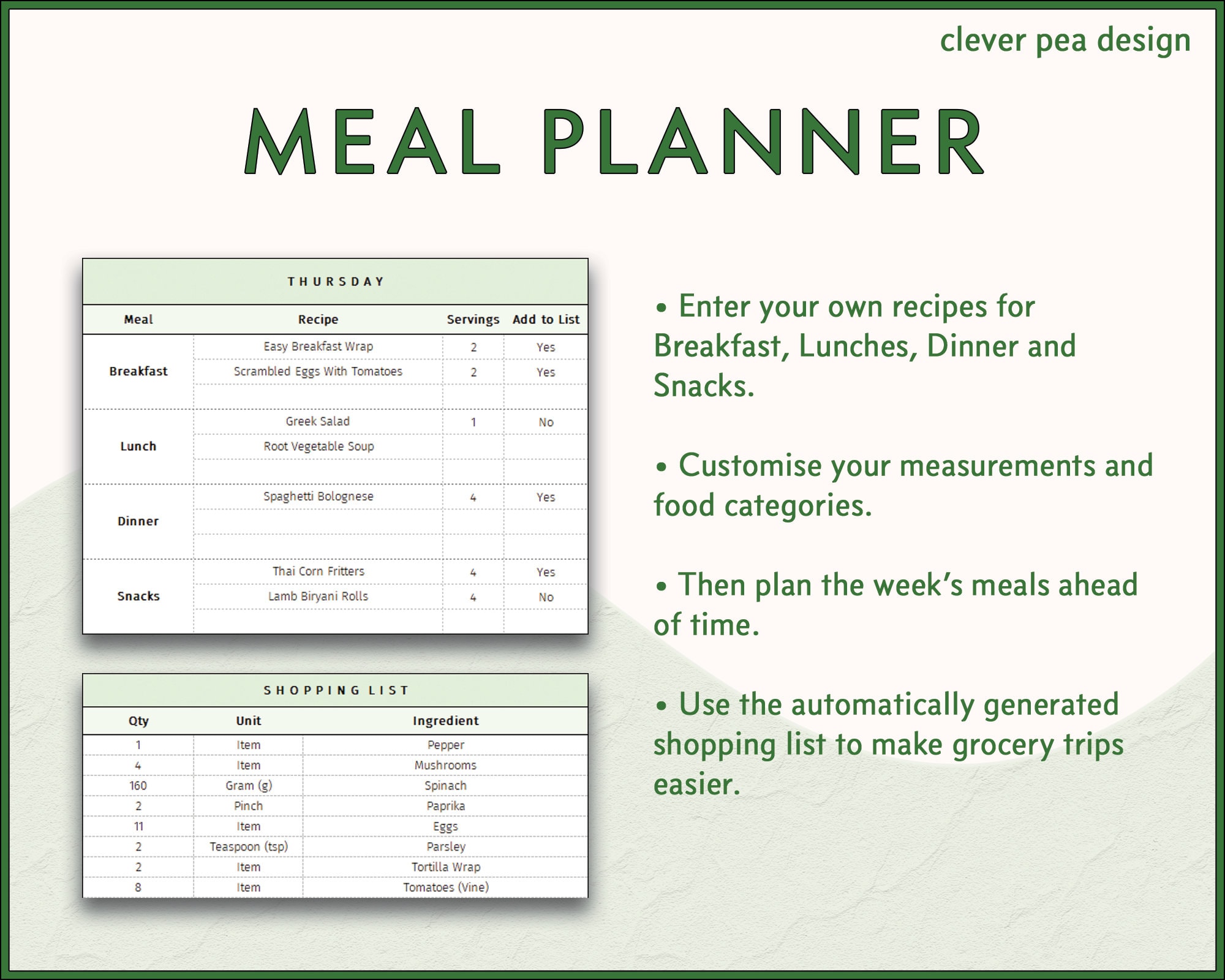 Weekly Meal Planner Excel Spreadsheet | Recipes and Automatic Shopping ...