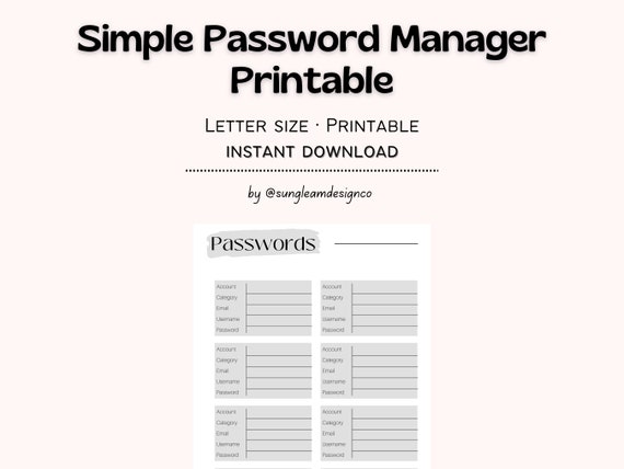 Simple Password Manager Printable Letter Instant Download Etsy