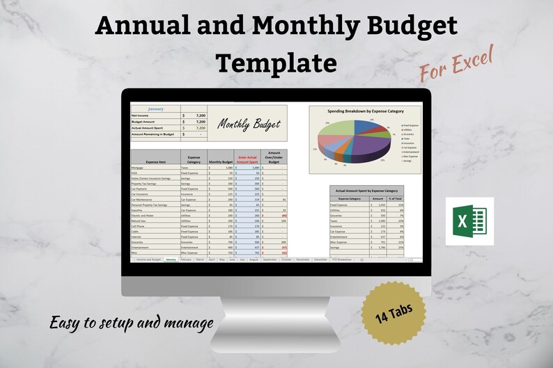 Annual and Monthly Budget Template | Monthly Budget Planner | Annual ...