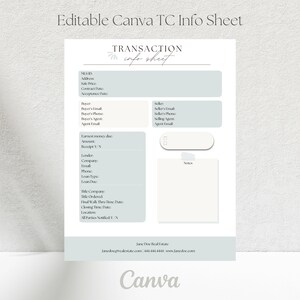 Editable Real Estate Transaction Info Sheet - CANVA - Etsy