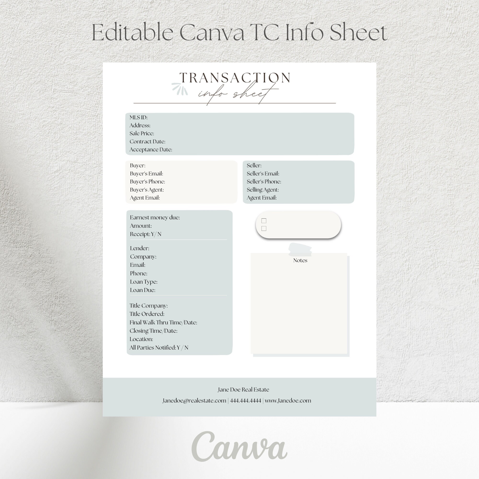Editable Real Estate Transaction Info Sheet - CANVA - Etsy