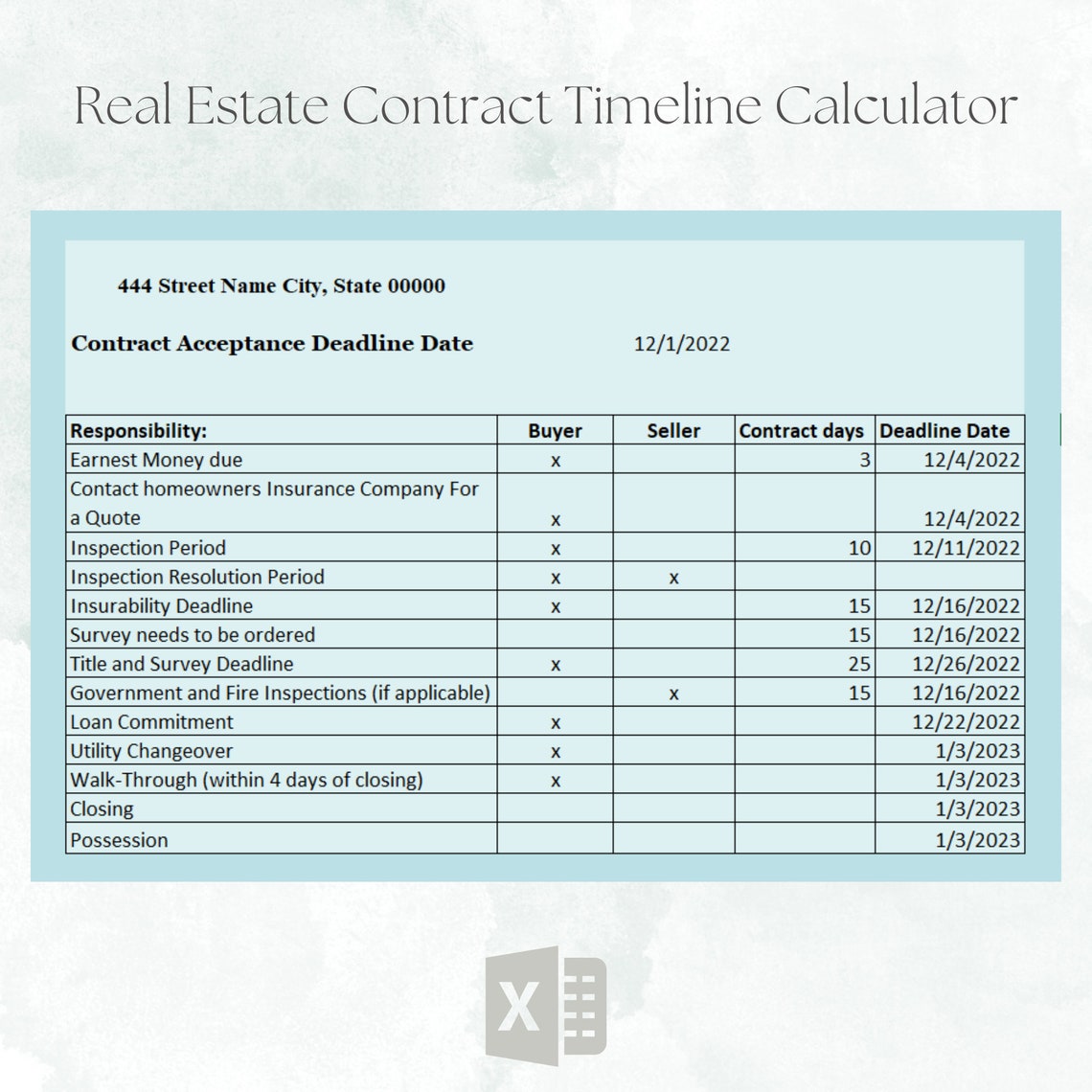 Real Estate Contract Timeline Calculator Excel Sheet for Realtors Transaction Coordinators Admin ...