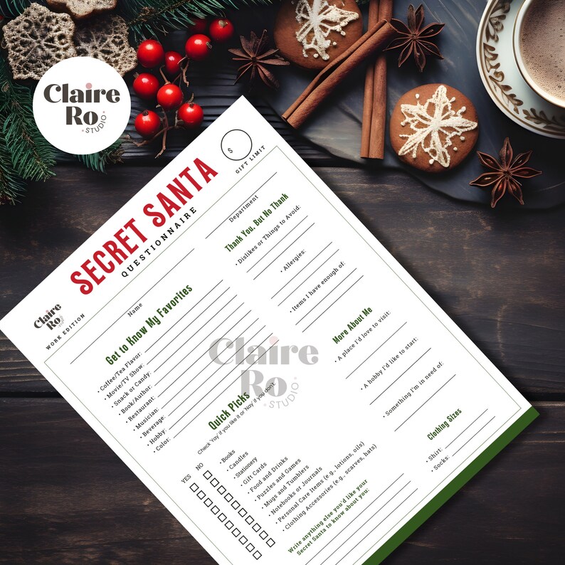 Printable Secret Santa Questionnaire for Coworkers Office Secret Santa ...