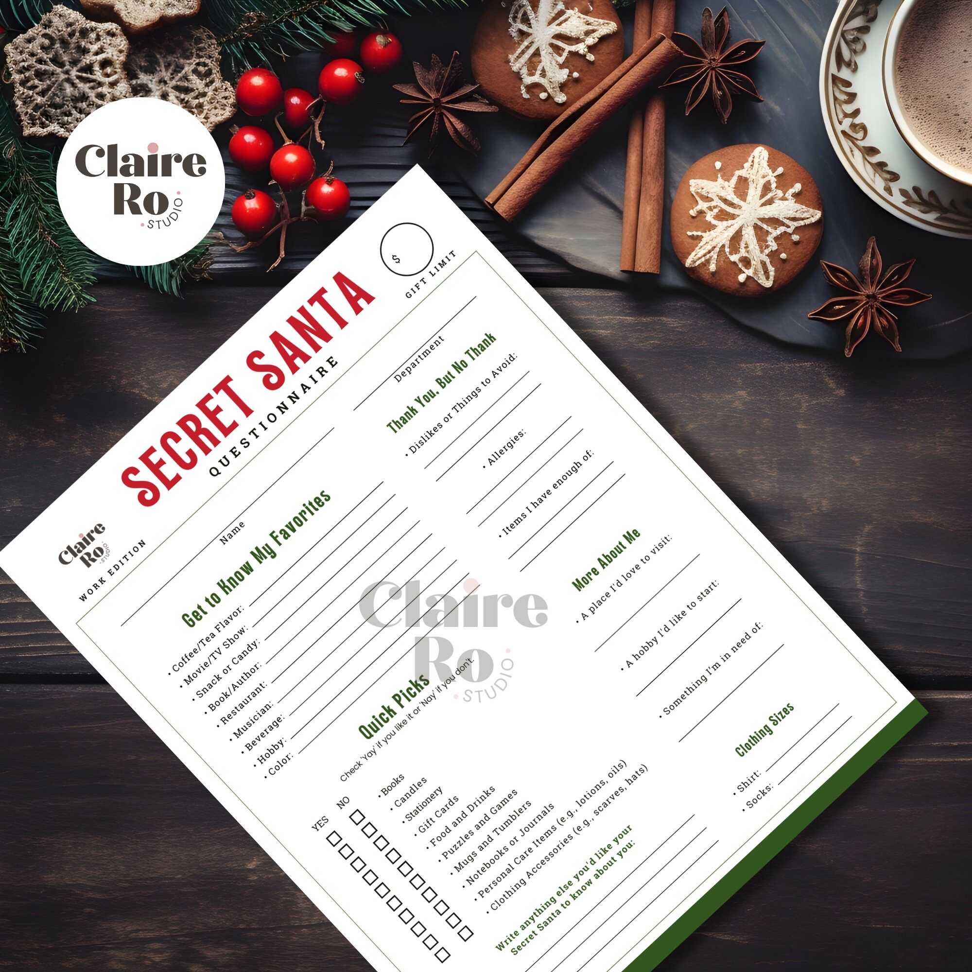 Printable Secret Santa Questionnaire for Coworkers Office Secret Santa ...