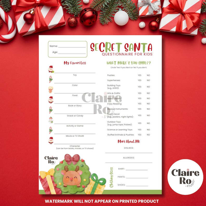 Printable Secret Santa Questionnaire for Kids Kids Secret - Etsy UK