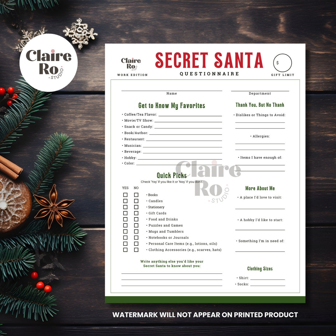 Printable Secret Santa Questionnaire for Coworkers Office Secret Santa ...