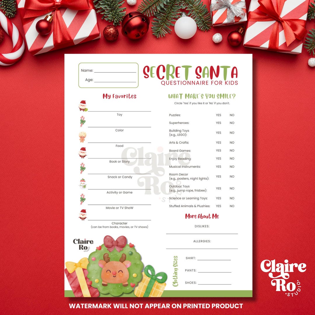 Printable Secret Santa Questionnaire for Kids | Kids Secret Santa Wish ...