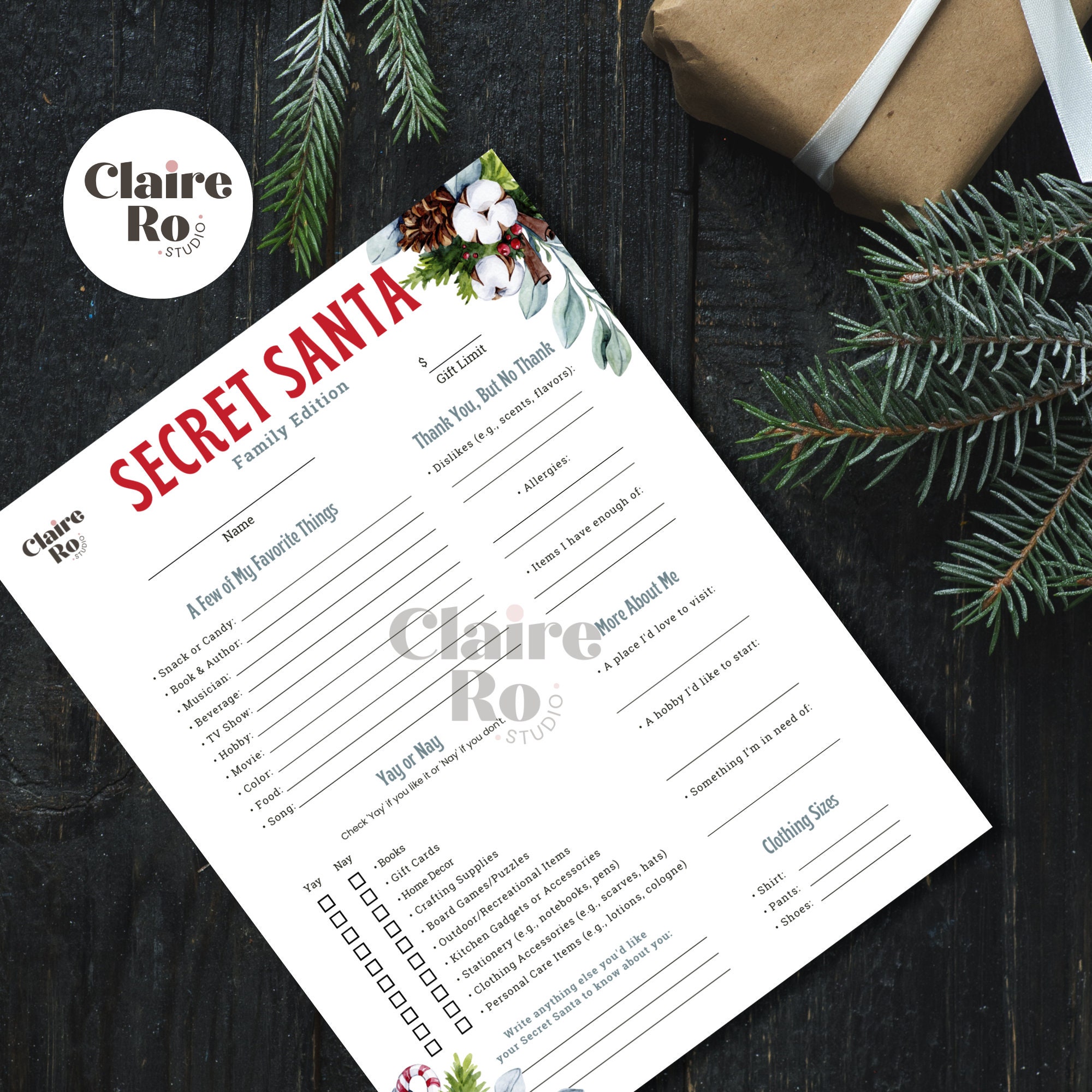 Printable Family Secret Santa Questionnaire Secret Santa Survey for ...