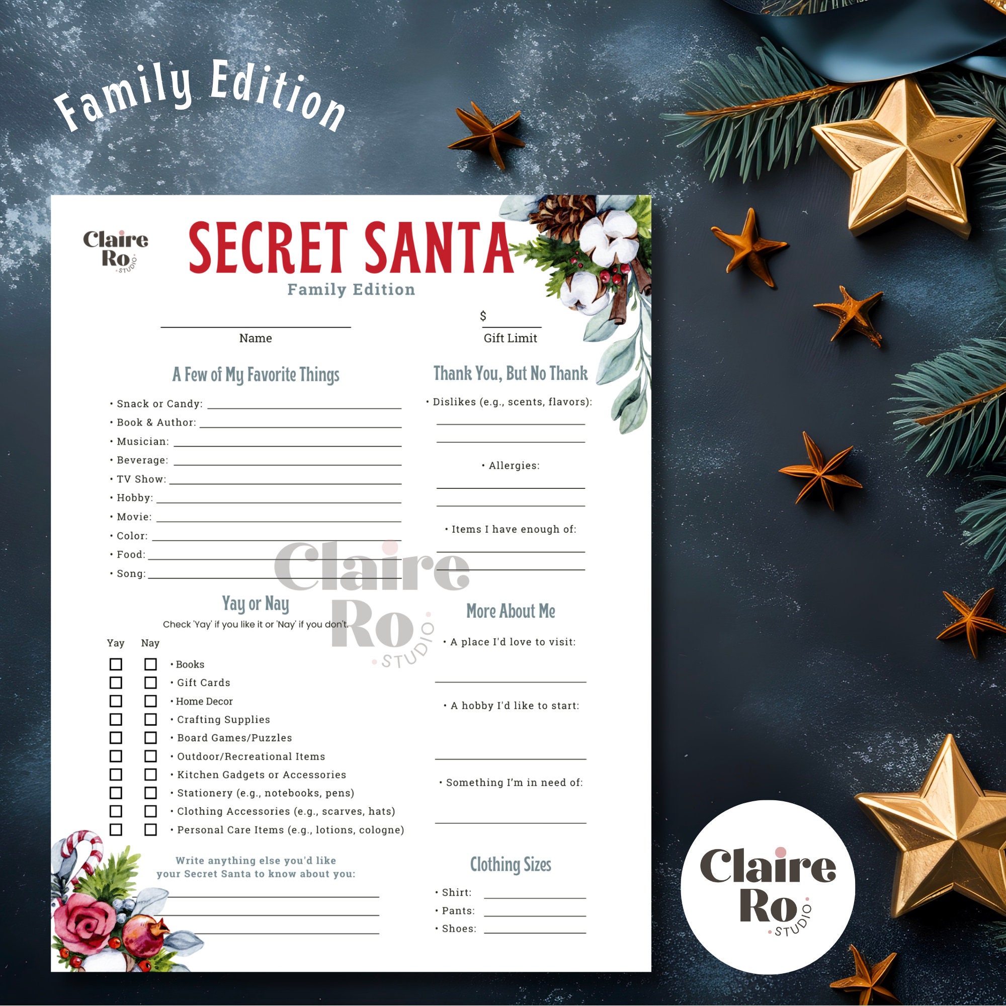 Secret Santa Questionnaire Bundle Set of 3 Kids, Family, and Work Gift ...