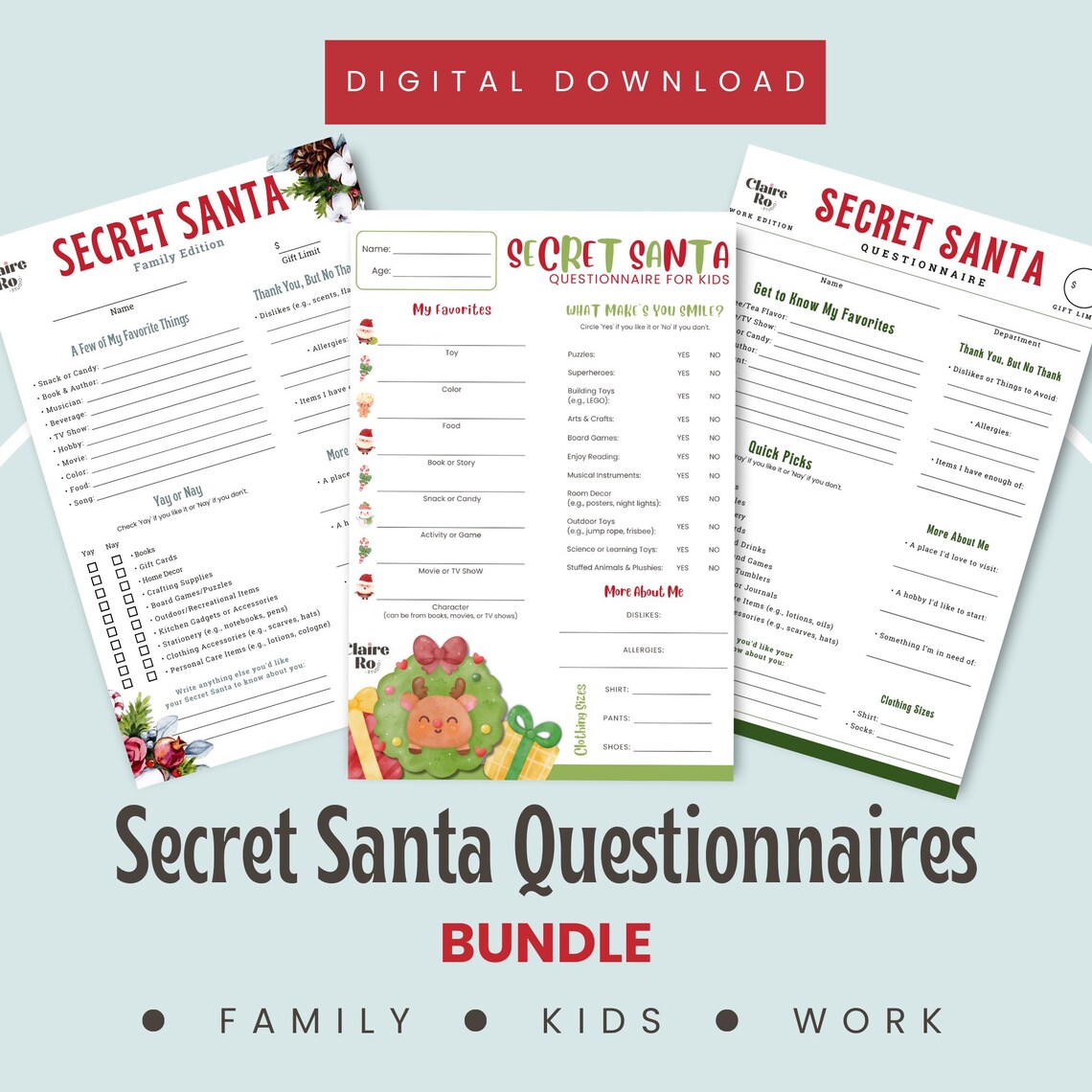 Secret Santa Questionnaire Bundle | Set of 3 | Kids, Family, and Work ...