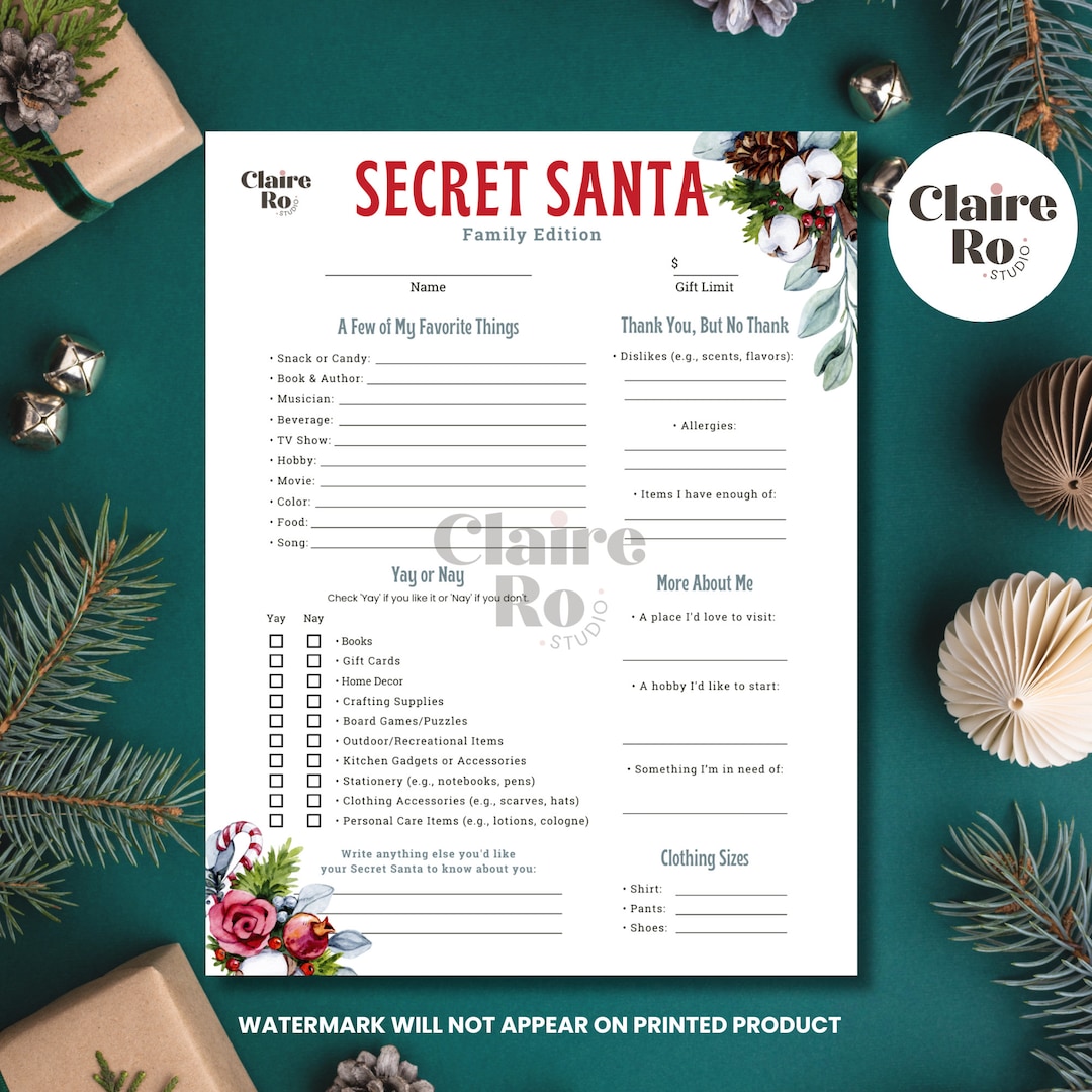 Printable Family Secret Santa Questionnaire Secret Santa Survey for ...