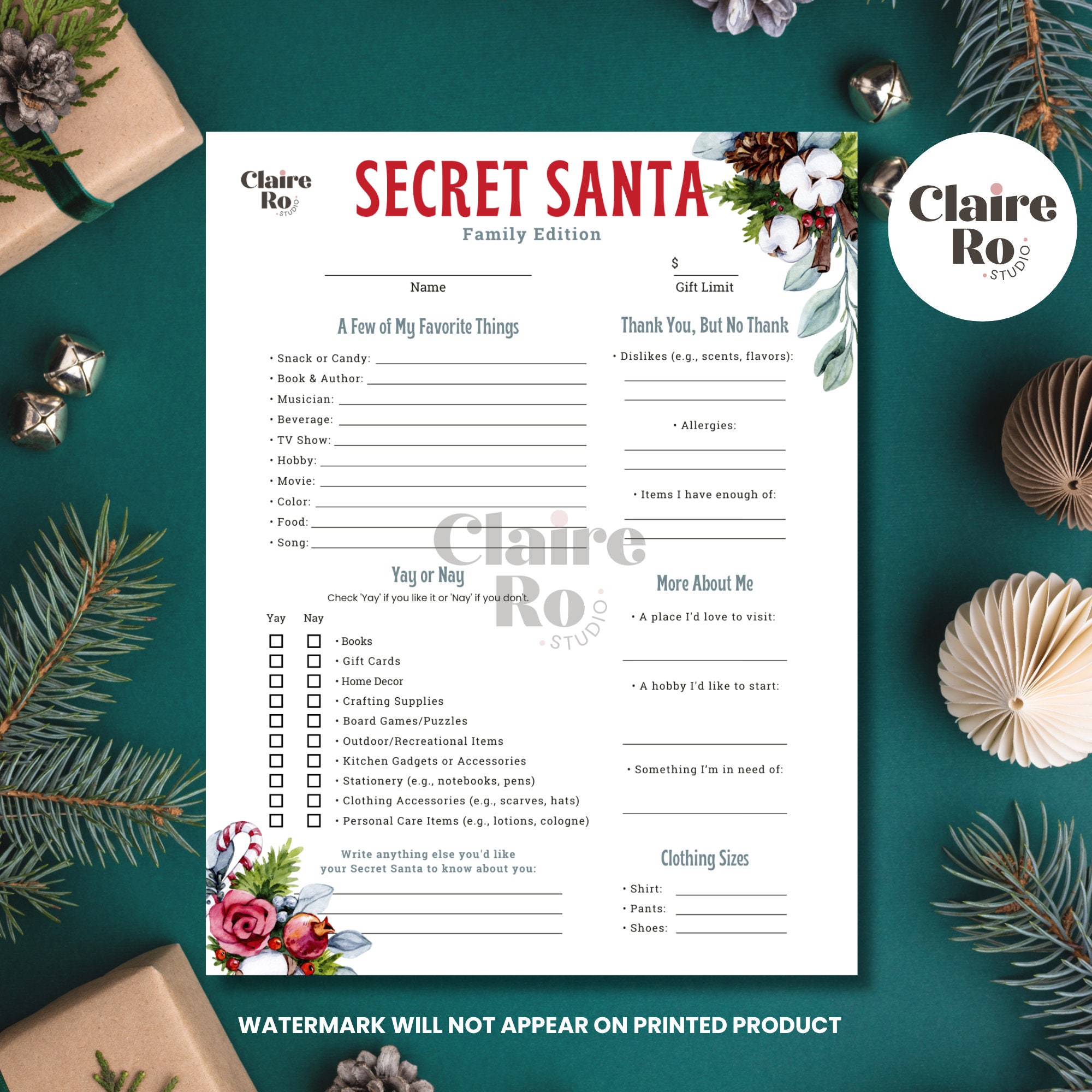 Printable Family Secret Santa Questionnaire Secret Santa Survey for ...