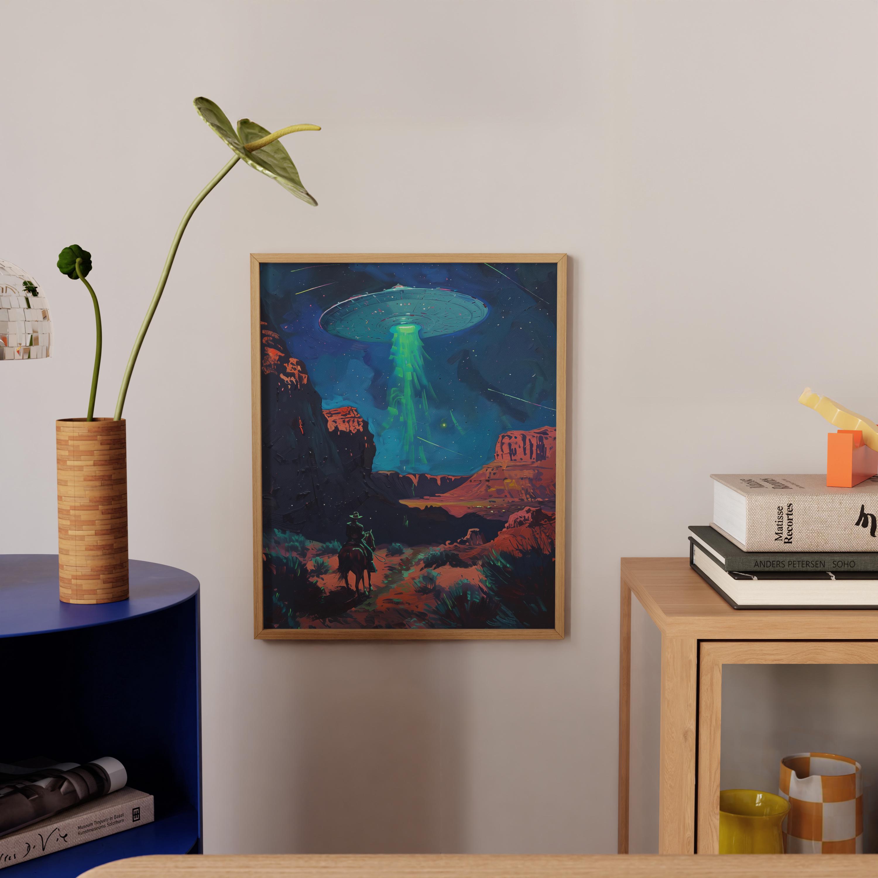 Cowboy UFO Art Print – Vintage Pulp-style Alien Encounter in the Wild ...