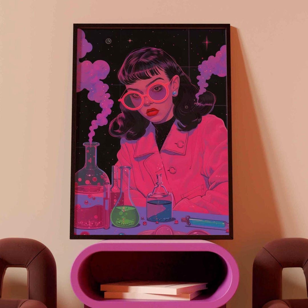 Retro Science Girl Wall Art – Neon Lab Pop Art Print, Cool Nerdy Decor ...