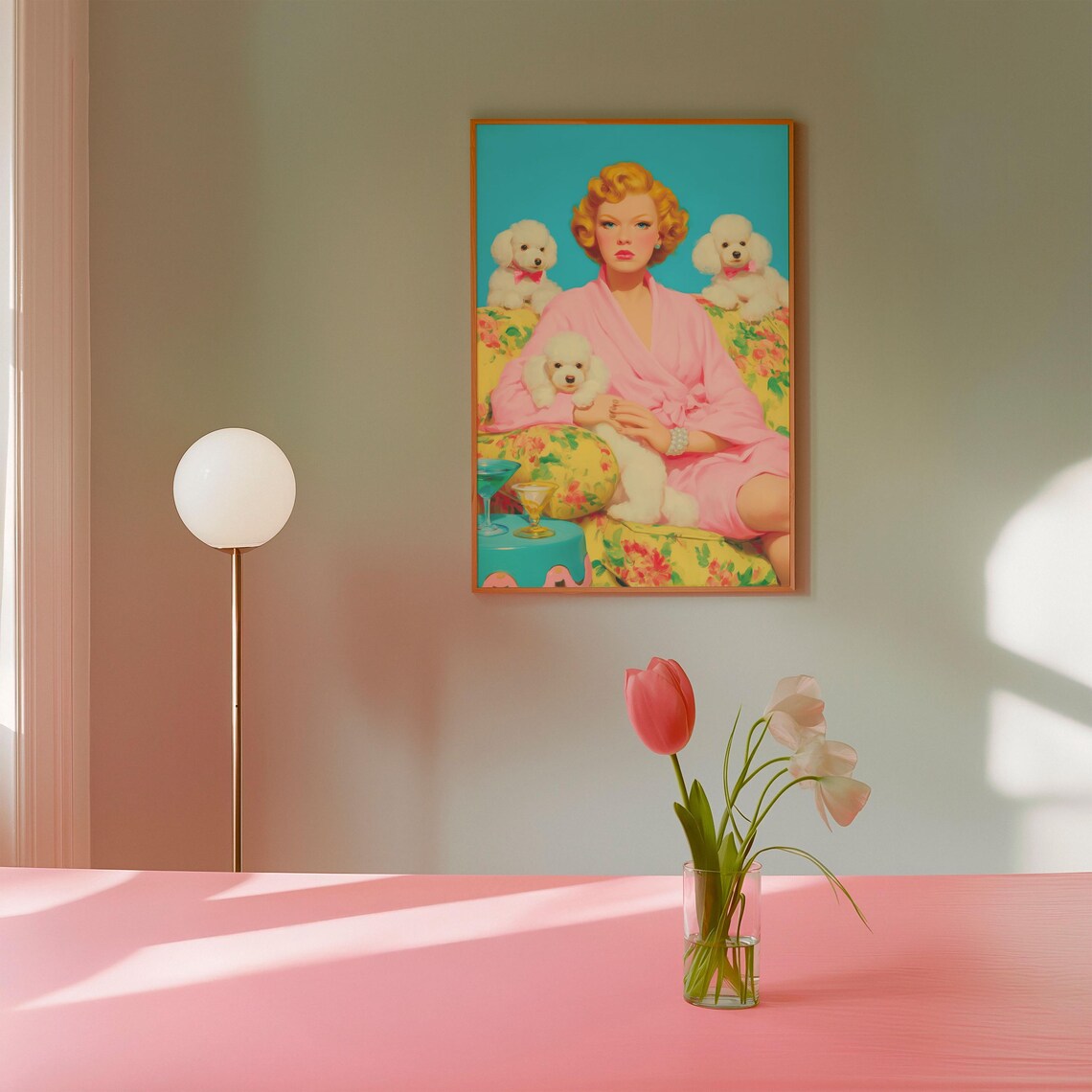 Poodle Glam Art Print – Vintage 1950s-inspired Woman in Pink Robe With ...