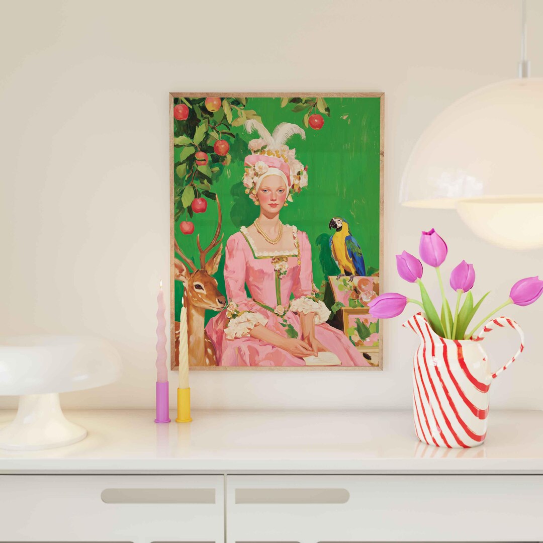 Rococo Portrait Art Print – Whimsical Woman in Pink With Deer & Parrot ...