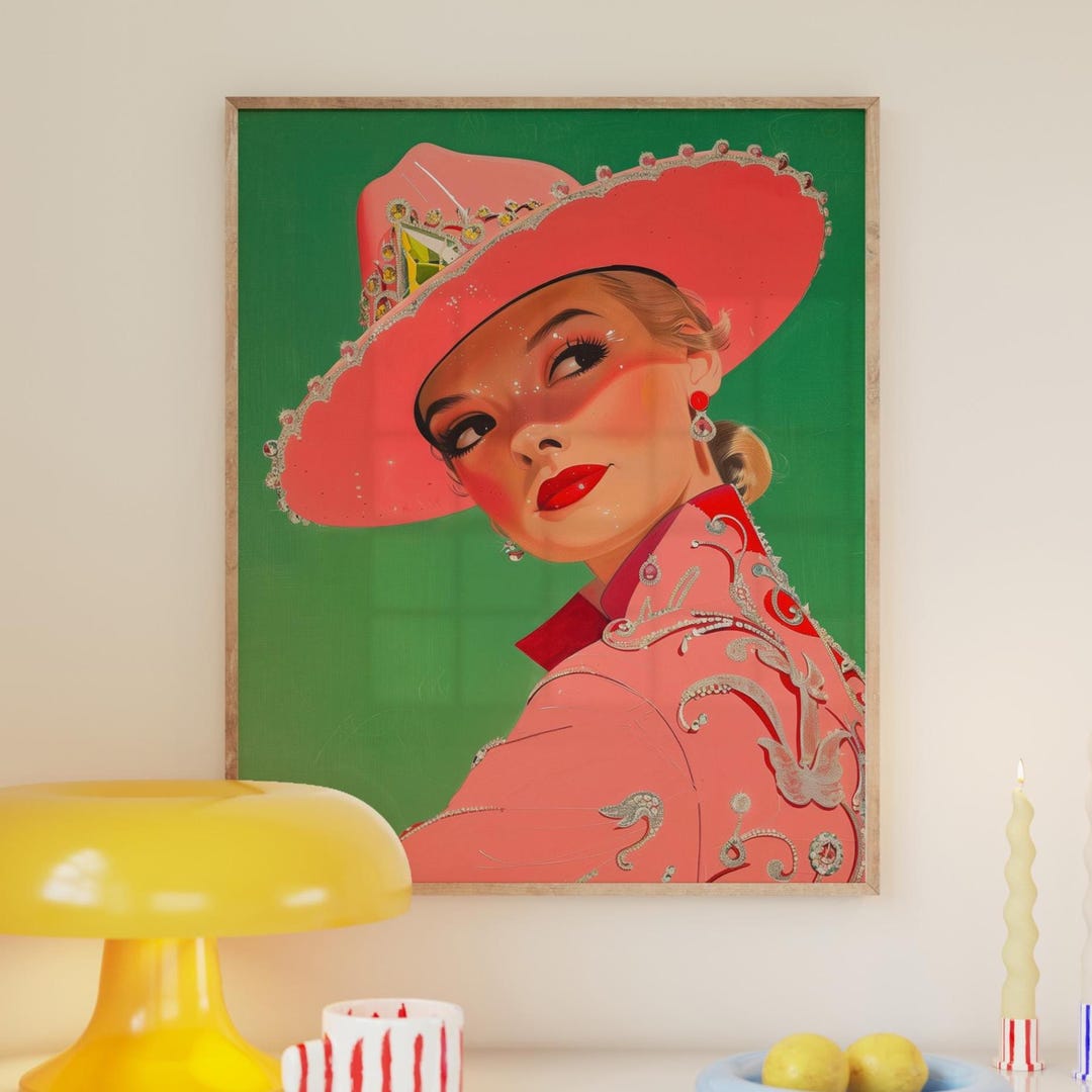 Retro Cowgirl Glam Art Print – 1950s Western Babe in Pink and Green ...