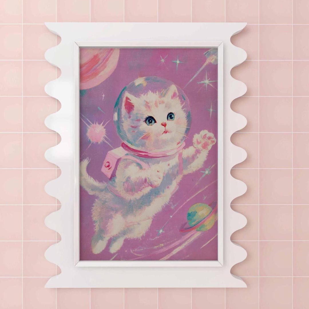 Astronaut Kitten Art Print – Whimsical Space Cat in Candy Pastel Colors ...