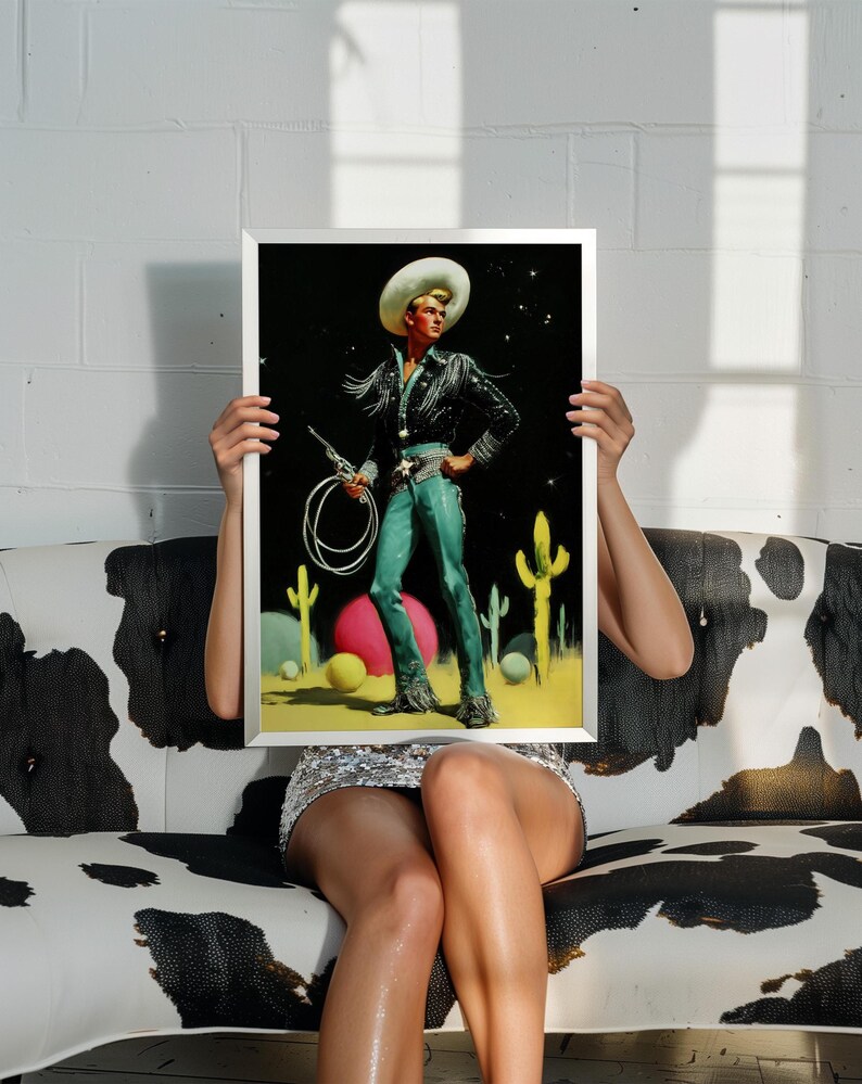 Space Cowboy Wall Art – Retro Glam Western Poster With Lasso, Cactus ...