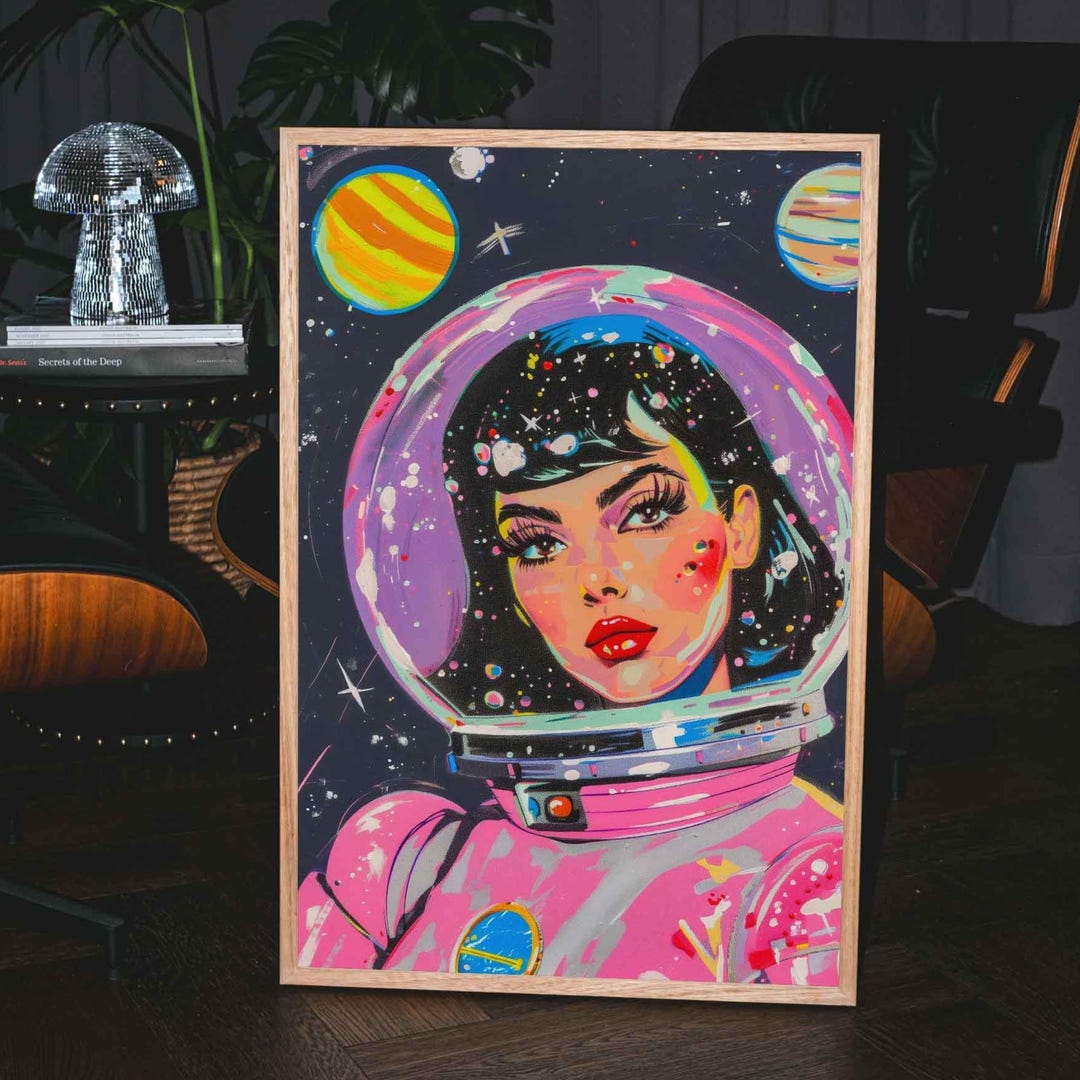 Retro Space Girl Wall Art – Vibrant Pop Art Astronaut Print, Whimsical ...