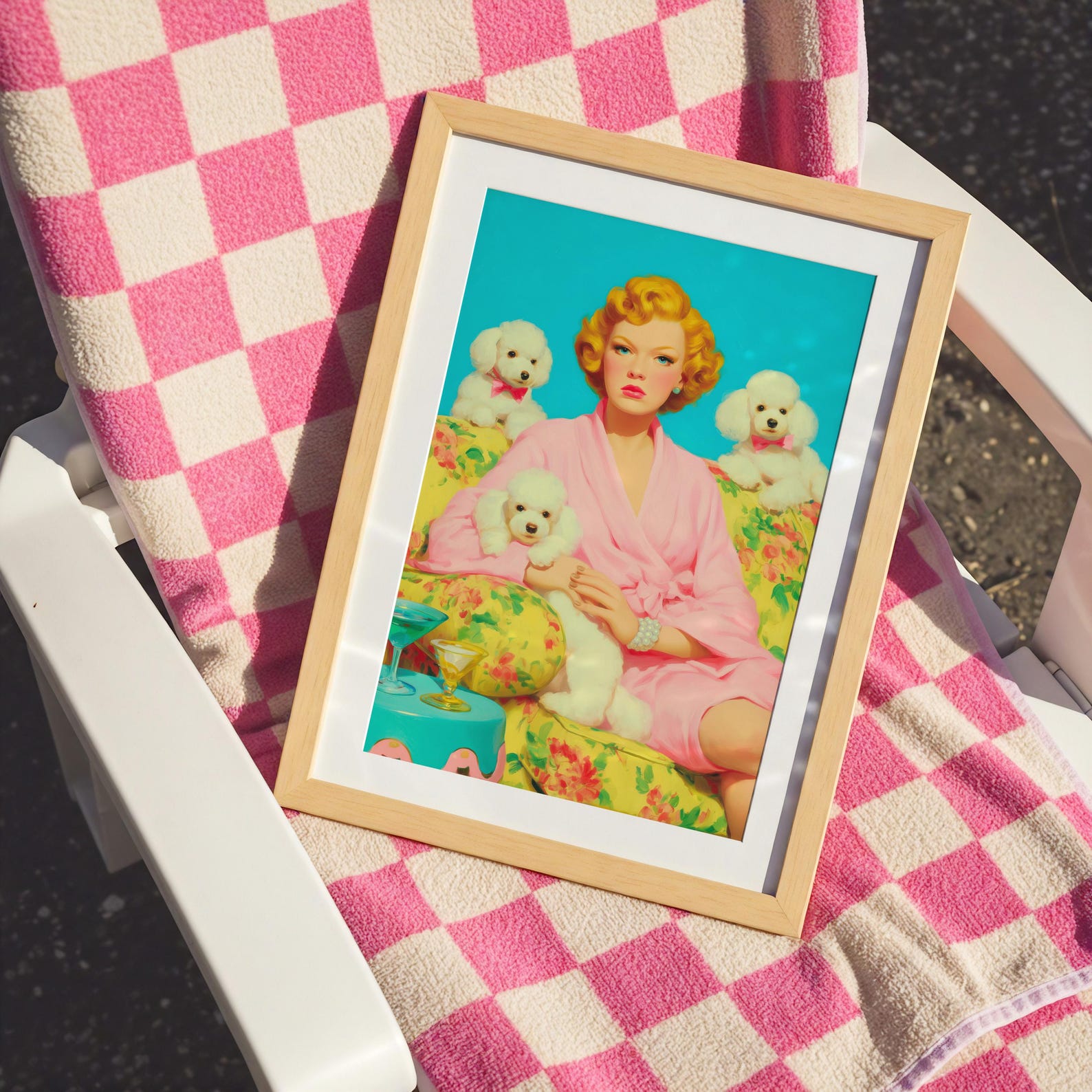 Poodle Glam Art Print – Vintage 1950s-inspired Woman in Pink Robe With ...