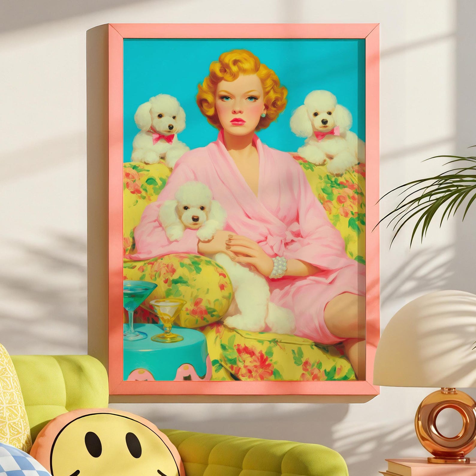 Poodle Glam Art Print – Vintage 1950s-inspired Woman in Pink Robe With ...