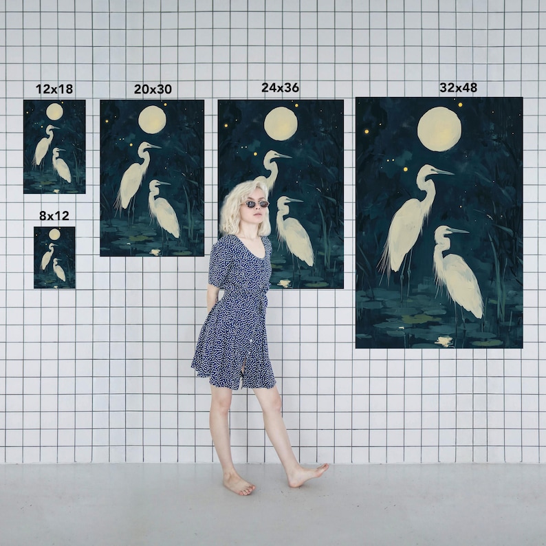 Moonlit Herons Wall Art – Tranquil Night Bird Print, Dreamy Nature ...