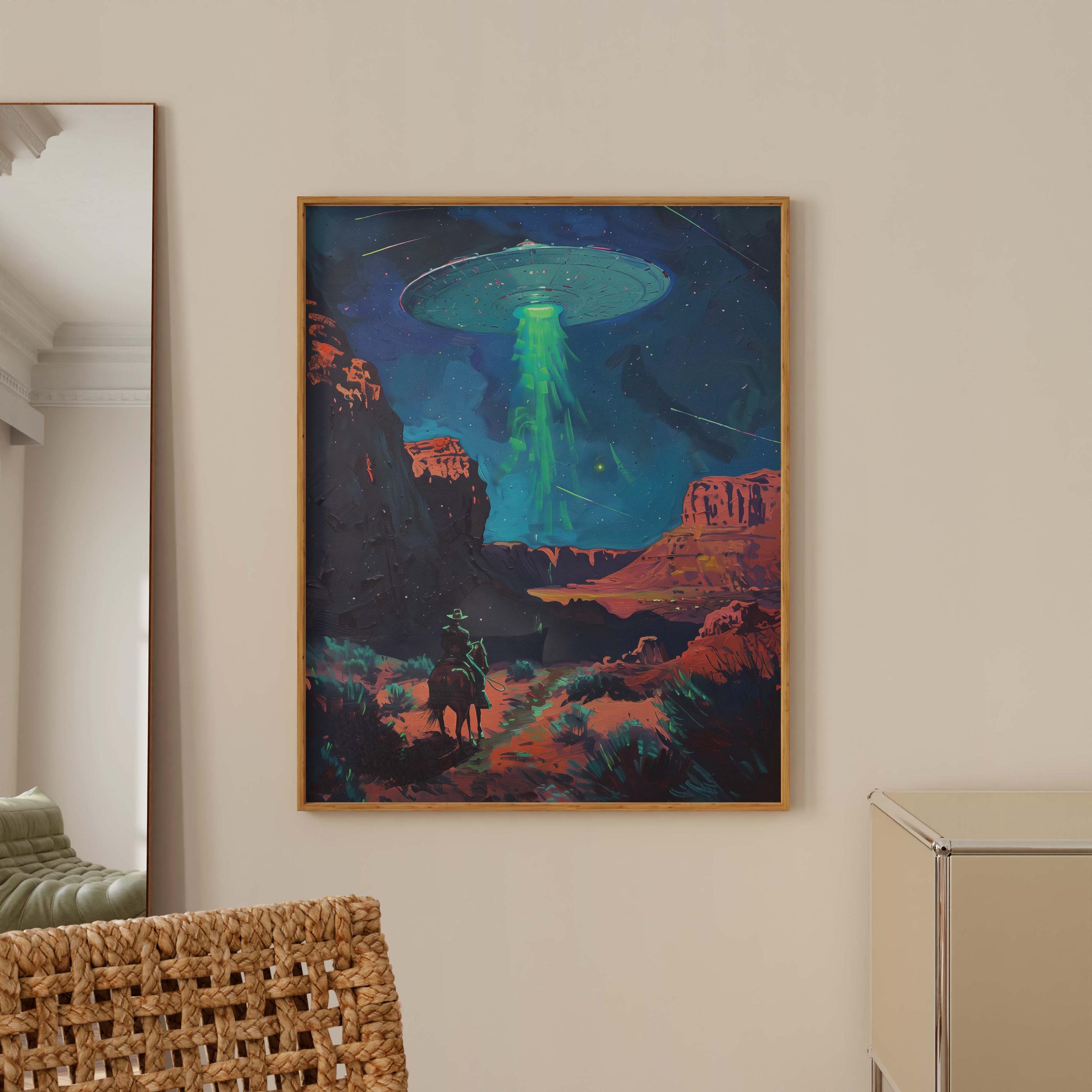 Cowboy UFO Art Print – Vintage Pulp-style Alien Encounter in the Wild ...