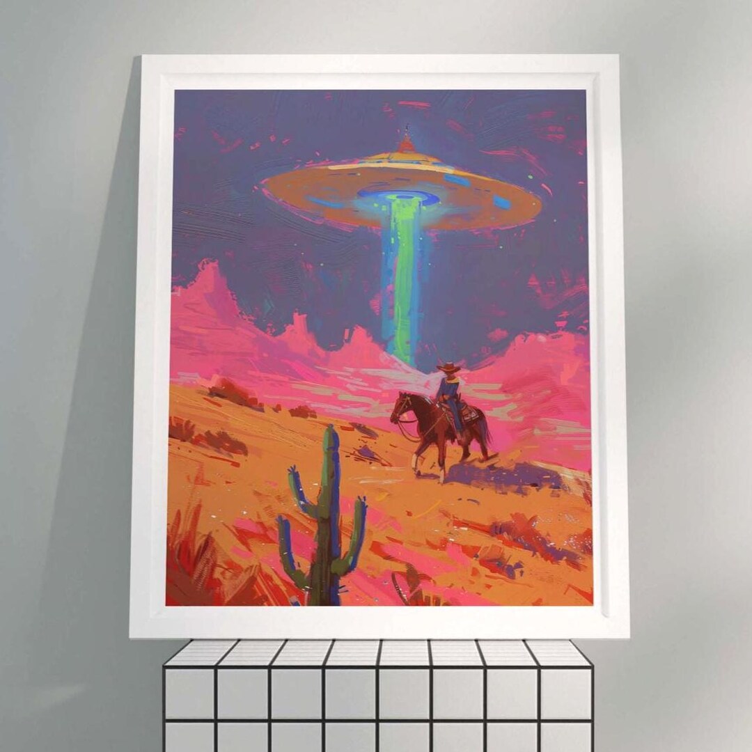 UFO Cowboy Art Print – Retro Sci-fi Western Painting With Alien ...