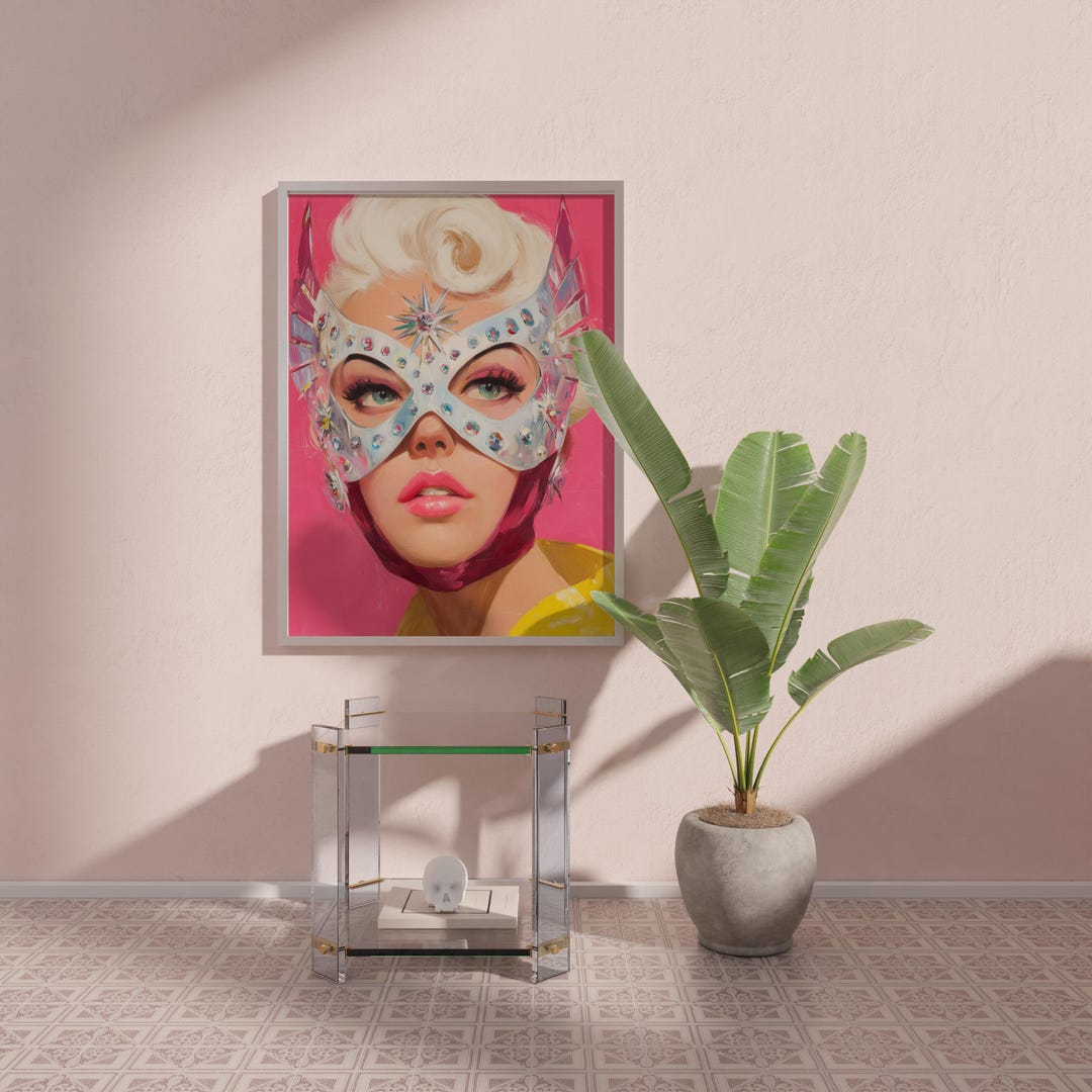 Retro Masked Woman Wall Art Print, 1950s Pop Art Portrait With ...