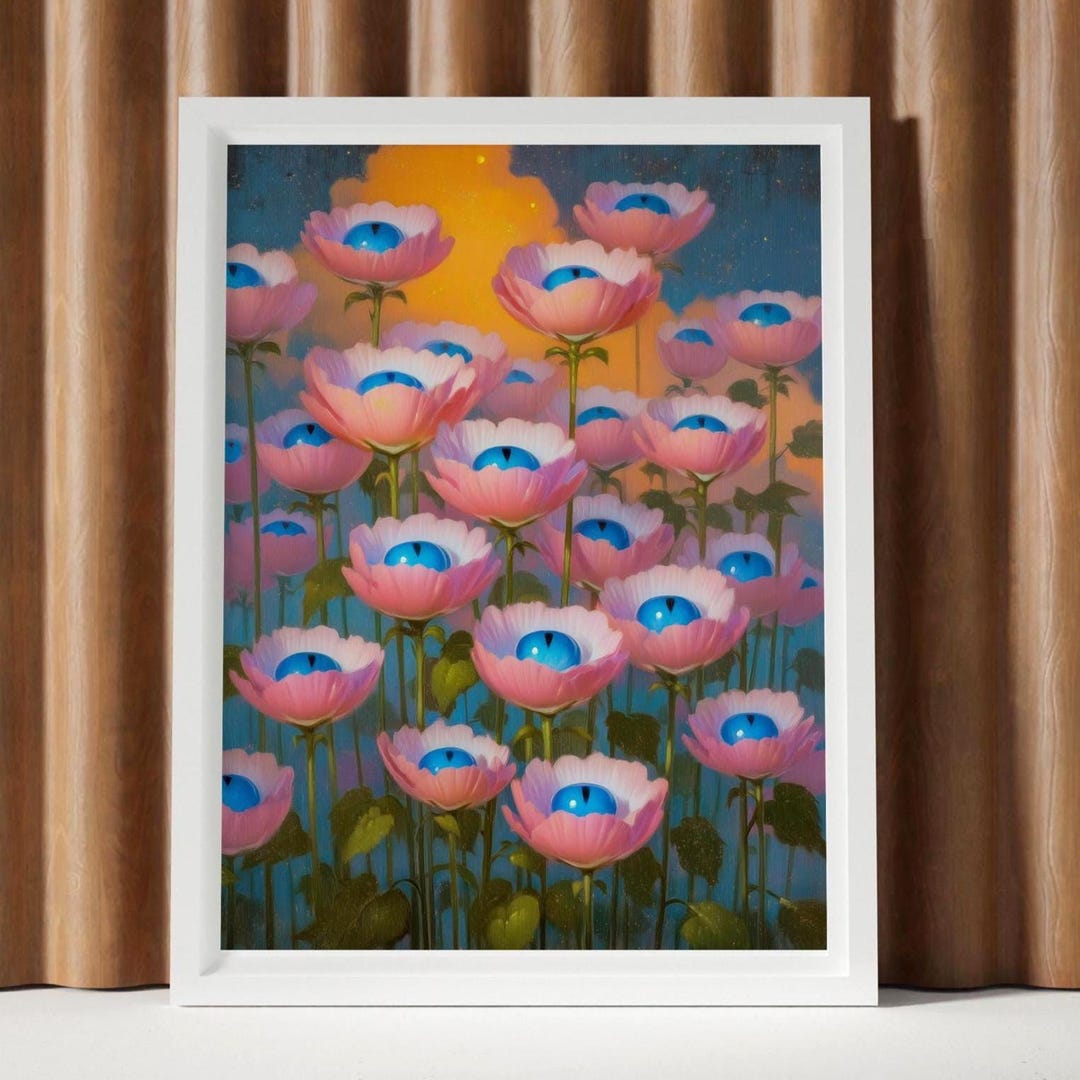 Surreal Poppy Eye Art Print – Dreamy Pink Flowers With Blue Eyes ...