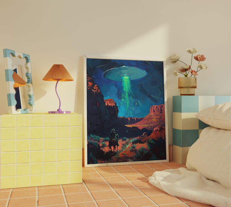 Cowboy UFO Art Print – Vintage Pulp-style Alien Encounter in the Wild ...