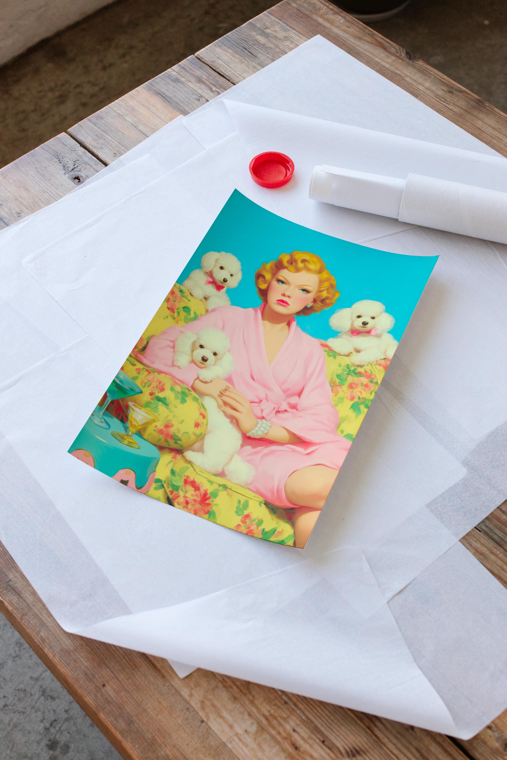 Poodle Glam Art Print – Vintage 1950s-inspired Woman in Pink Robe With ...