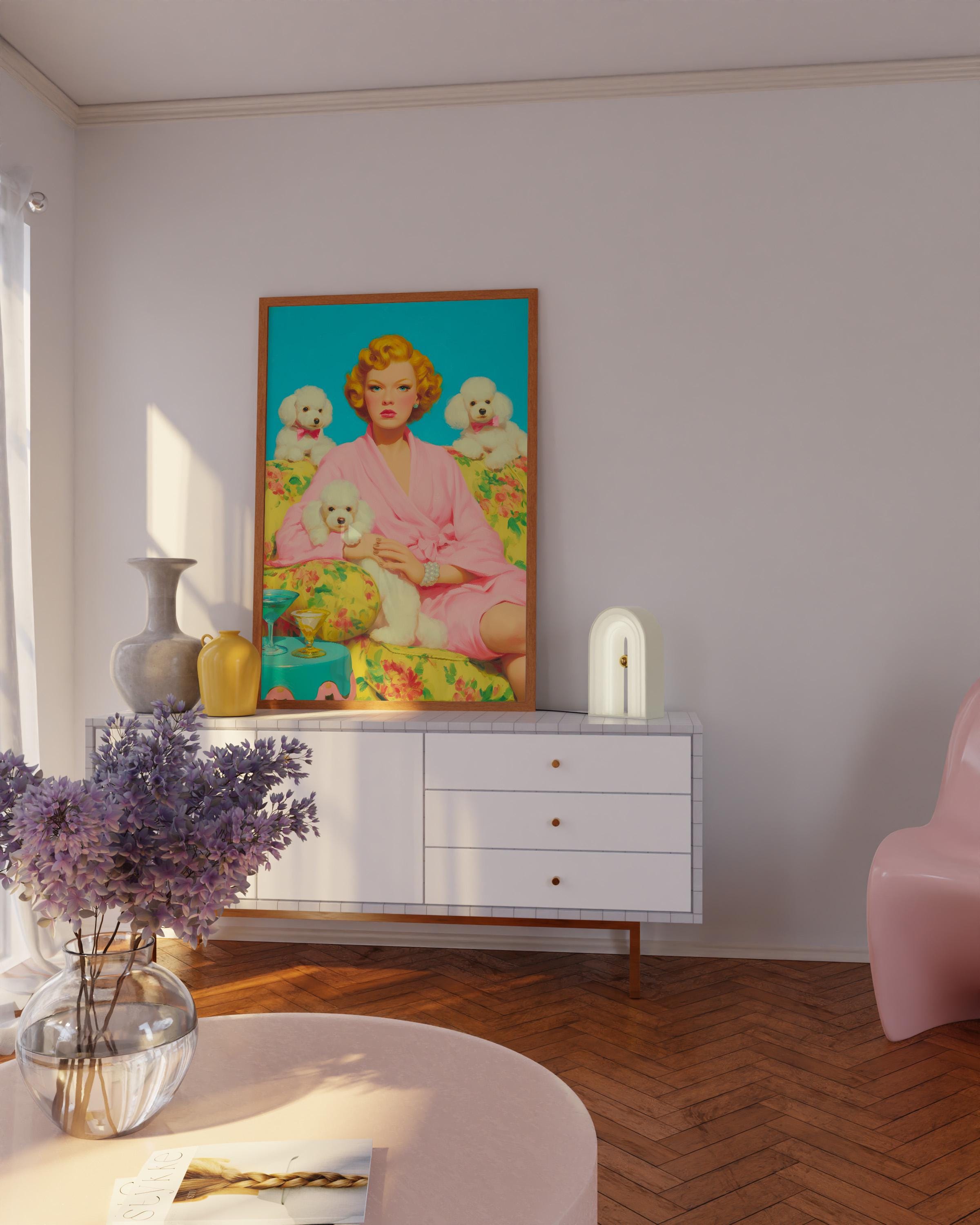 Poodle Glam Art Print – Vintage 1950s-inspired Woman in Pink Robe With ...