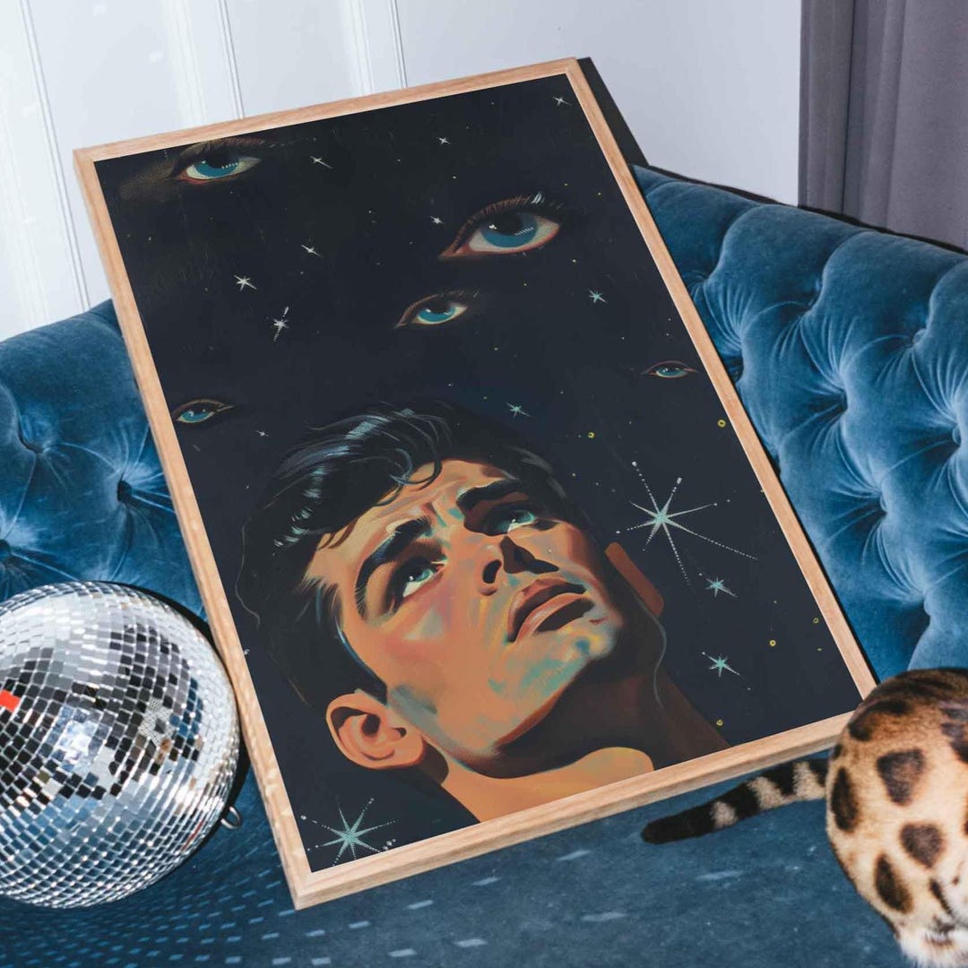 Dreamy Retro Man & Floating Eyes Art Print – Surreal Space Noir Wall ...