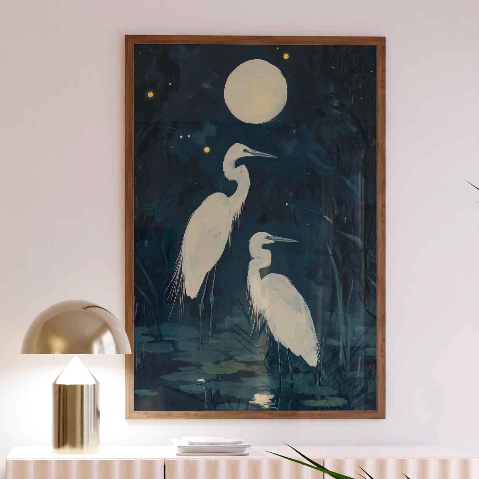 Moonlit Herons Wall Art – Tranquil Night Bird Print, Dreamy Nature ...