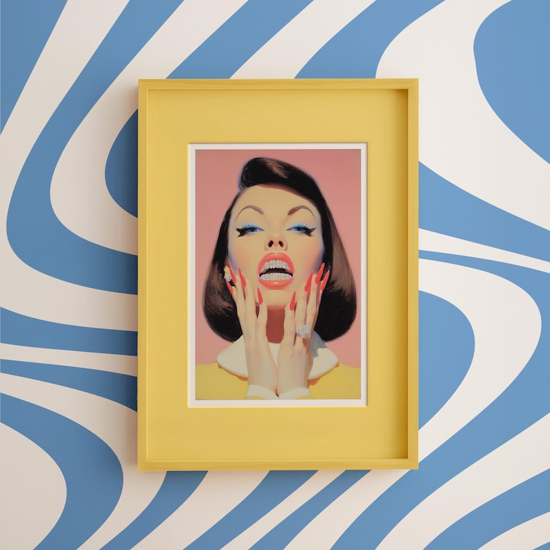 Pop Glam Portrait Art Print, Retro Diva With Diamonds & Nails, Bold ...