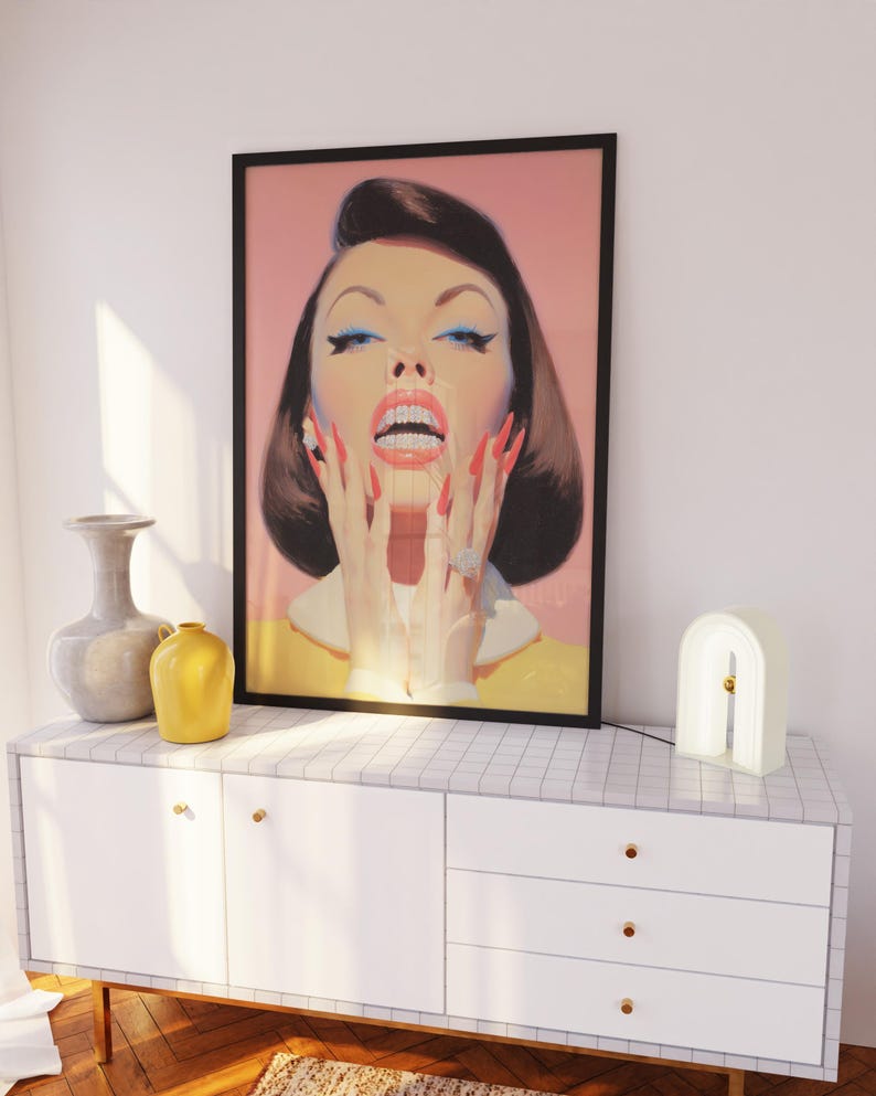 Pop Glam Portrait Art Print, Retro Diva With Diamonds & Nails, Bold ...