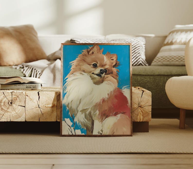 Pomeranian Art Print - Painterly Blue Background, Fluffy Dog Portrait ...