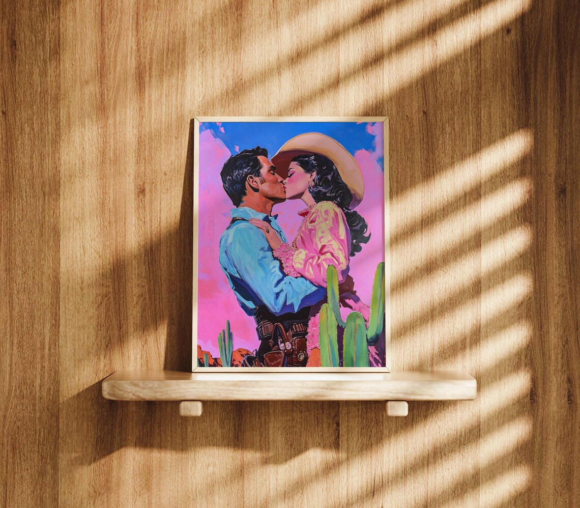Cowboy Kiss Art Print – Retro Western Romance Wall Art With Pink and ...