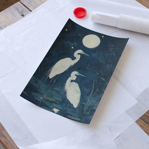 Moonlit Herons Wall Art – Tranquil Night Bird Print, Dreamy Nature ...