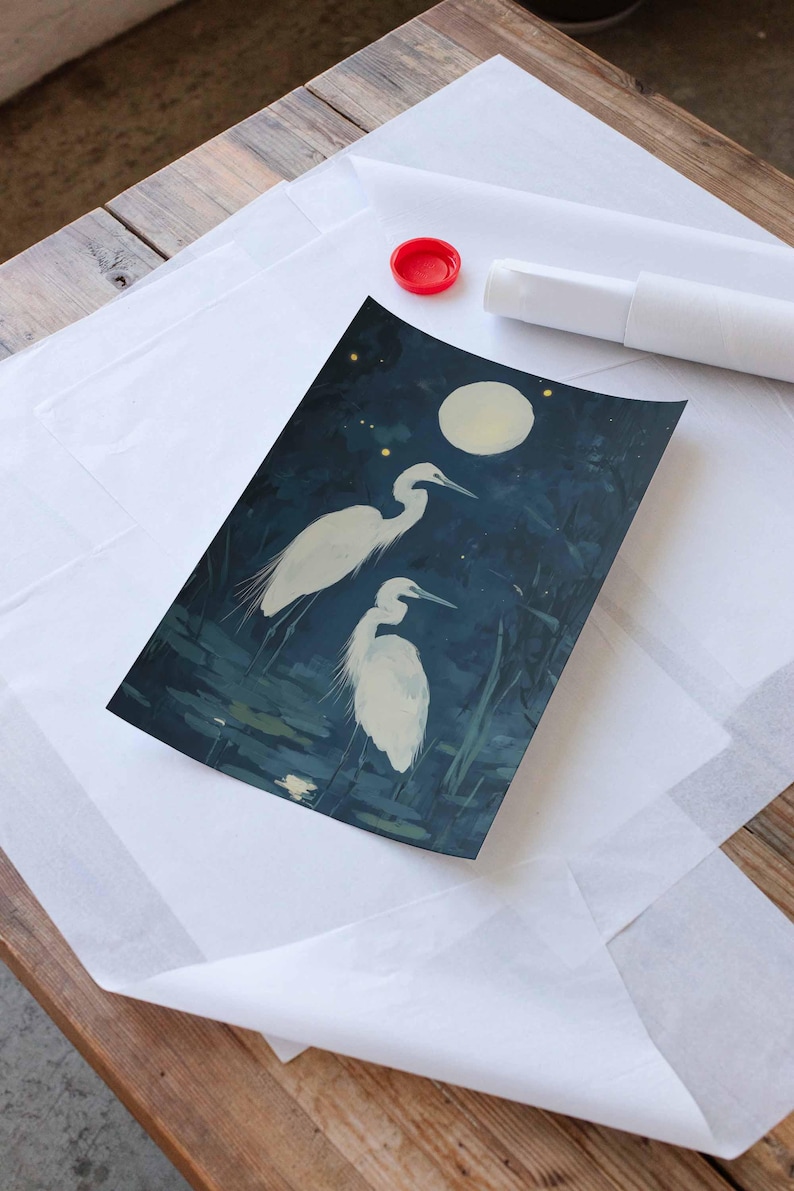 Moonlit Herons Wall Art – Tranquil Night Bird Print, Dreamy Nature ...