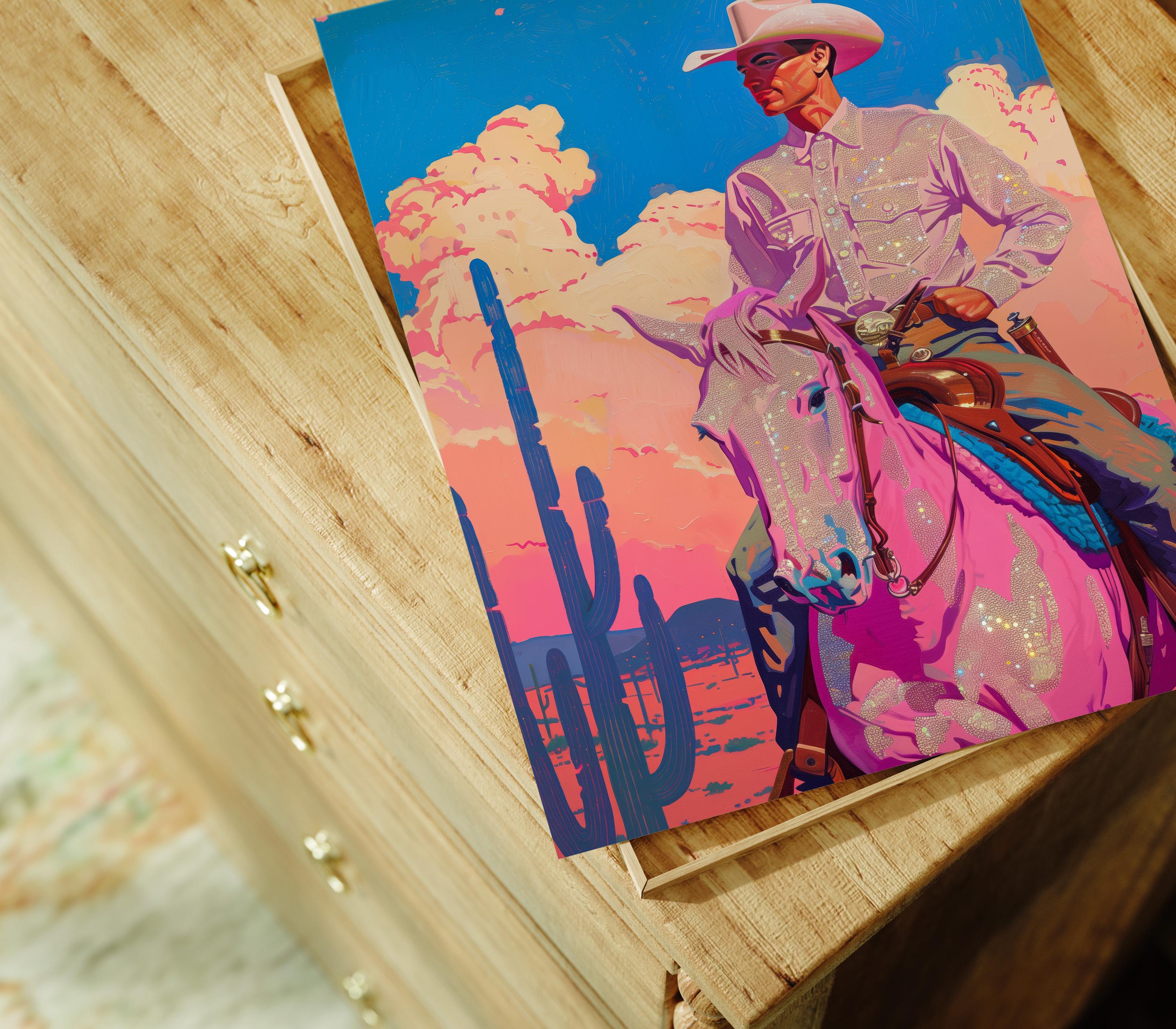 Retro Cowboy Art Print – Vibrant Sunset Western Poster, Colorful Desert ...