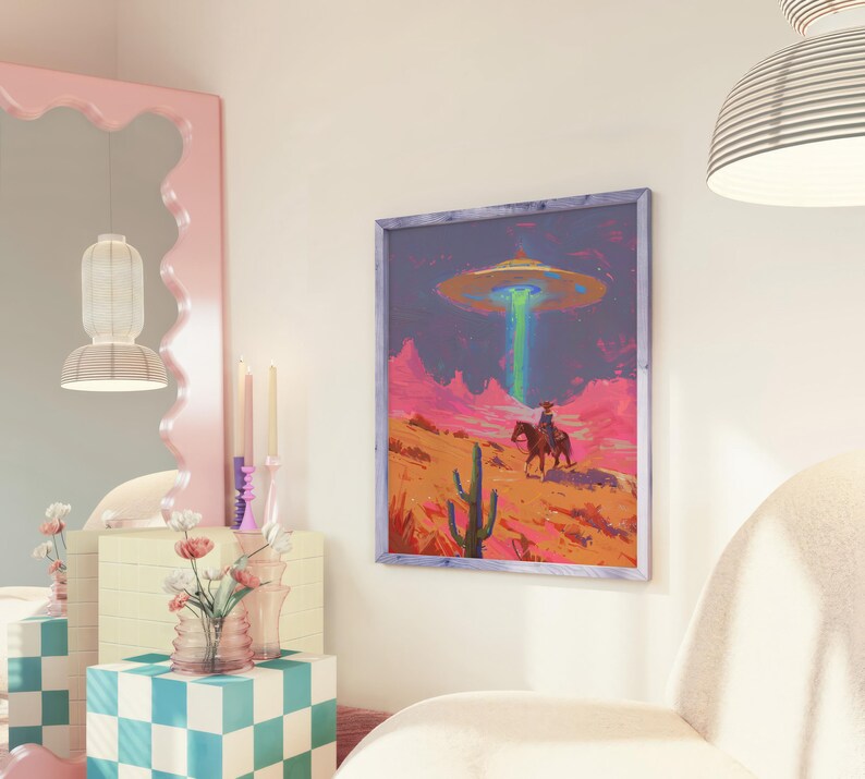 UFO Cowboy Art Print – Retro Sci-fi Western Painting With Alien ...