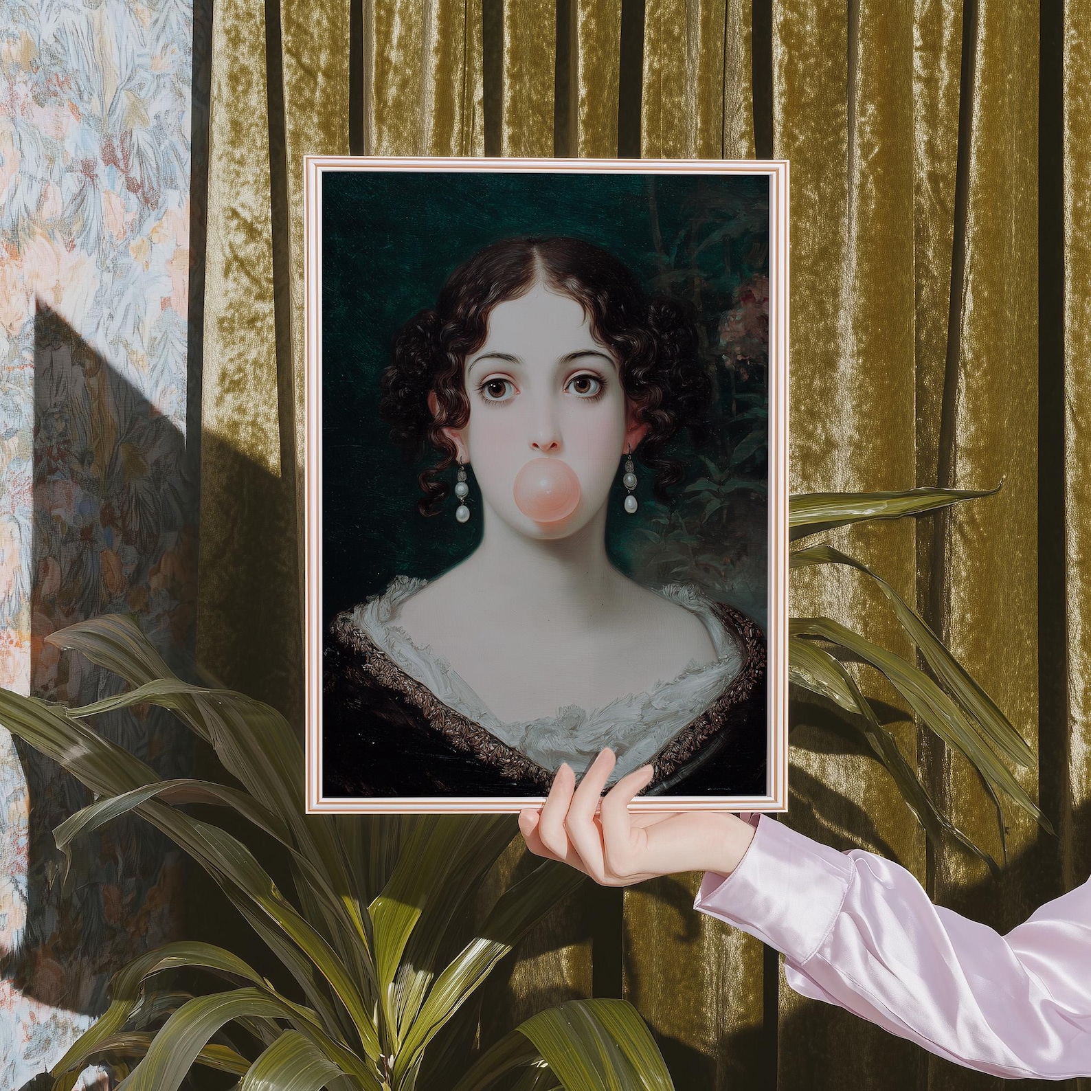 Baroque Bubblegum Art Print – Surreal Renaissance-style Girl Blowing ...