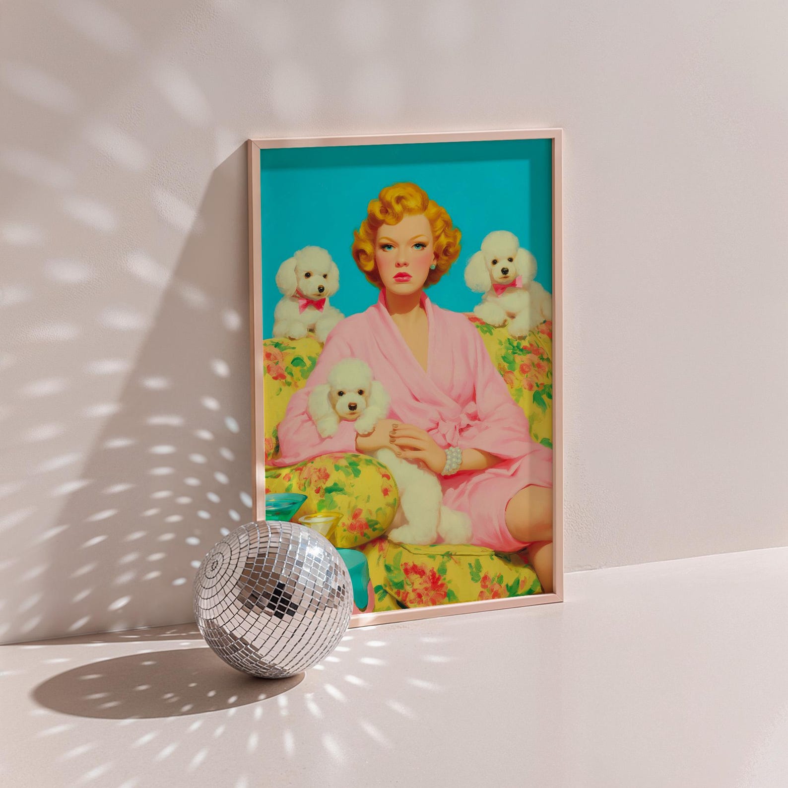 Poodle Glam Art Print – Vintage 1950s-inspired Woman in Pink Robe With ...