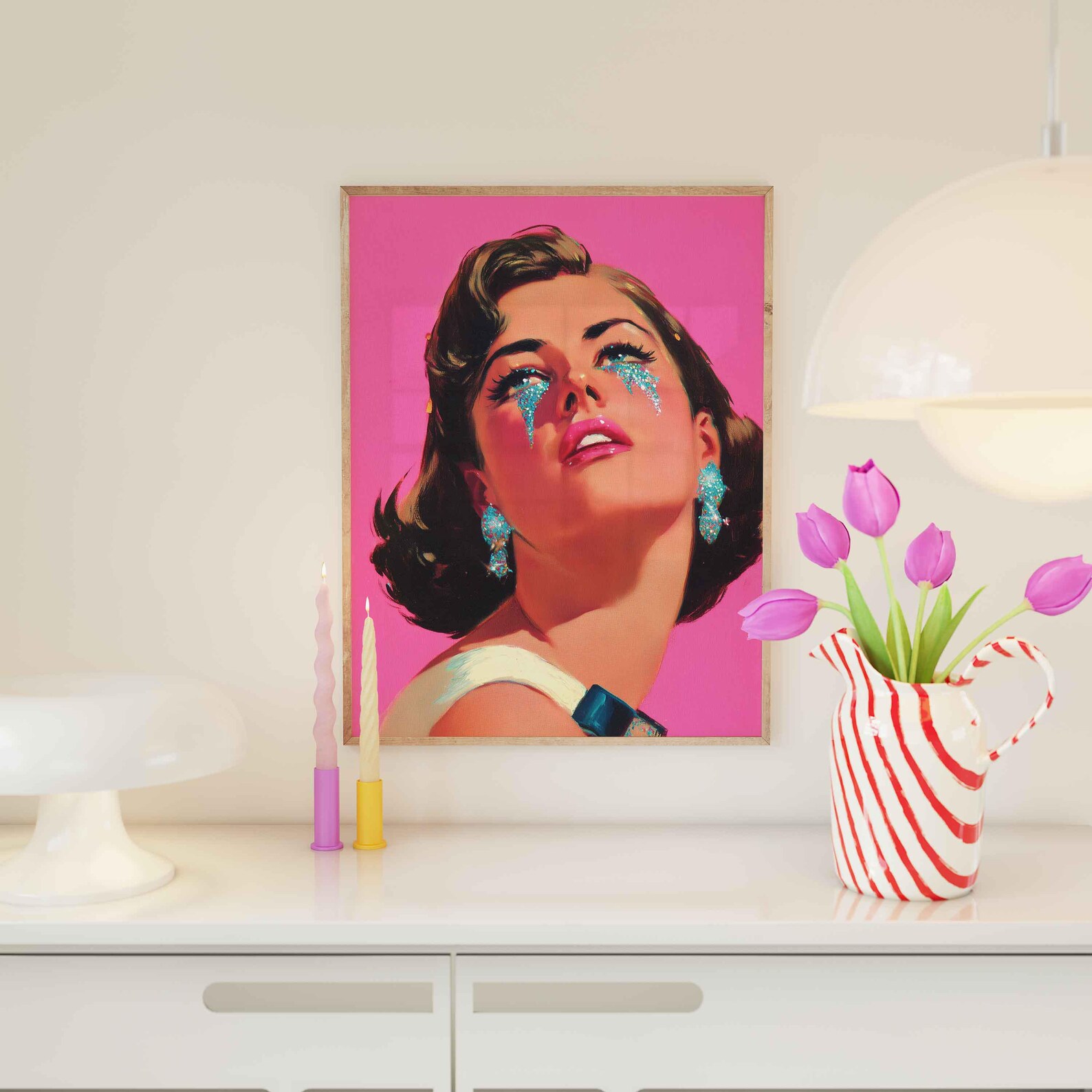 Glam Pop Art Crying Girl Print – Retro Diva With Glitter Tears, Bold ...