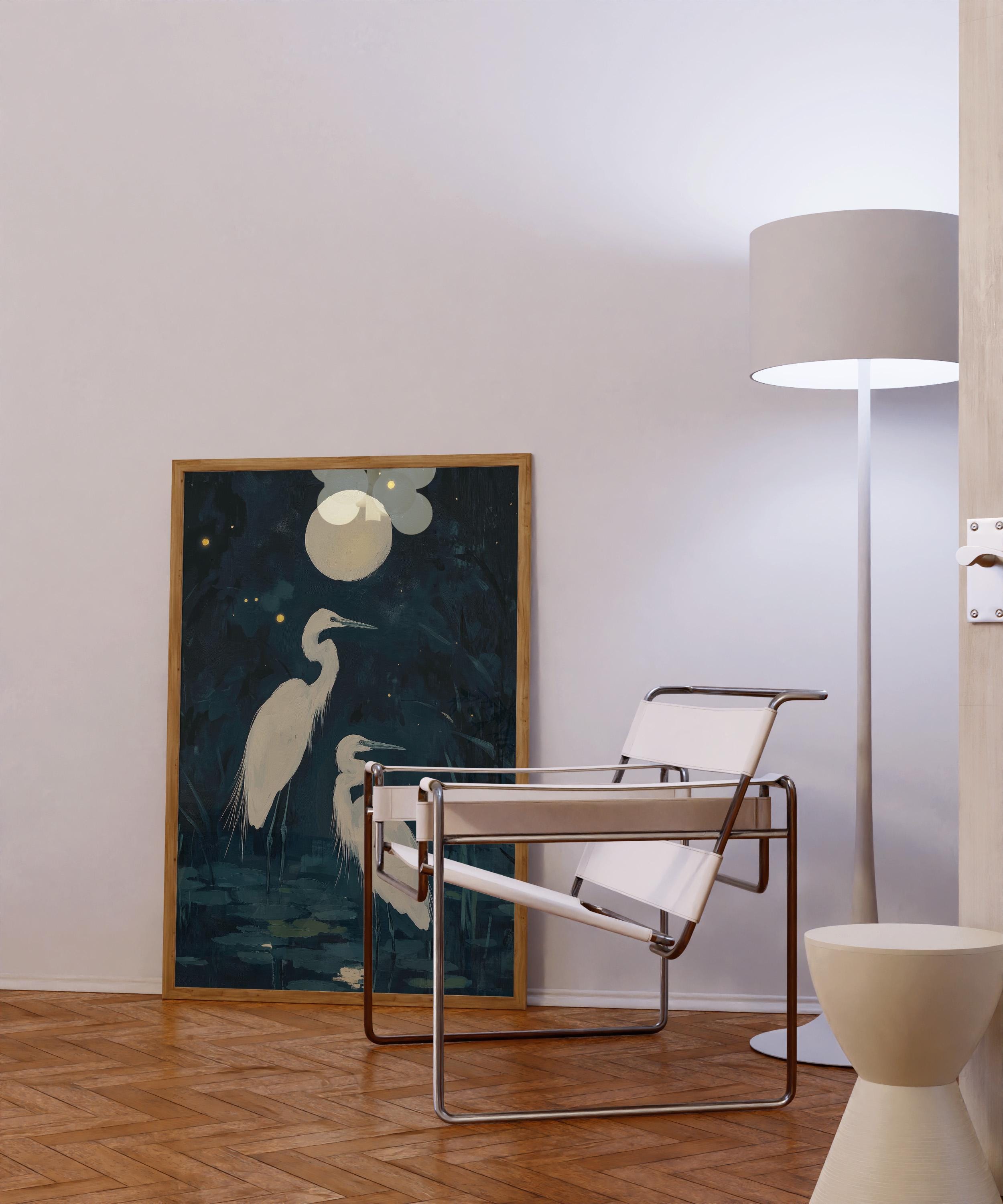 Moonlit Herons Wall Art – Tranquil Night Bird Print, Dreamy Nature ...