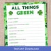 All Things Green Game, St. Patricks Day Game, Printable St Patricks ...